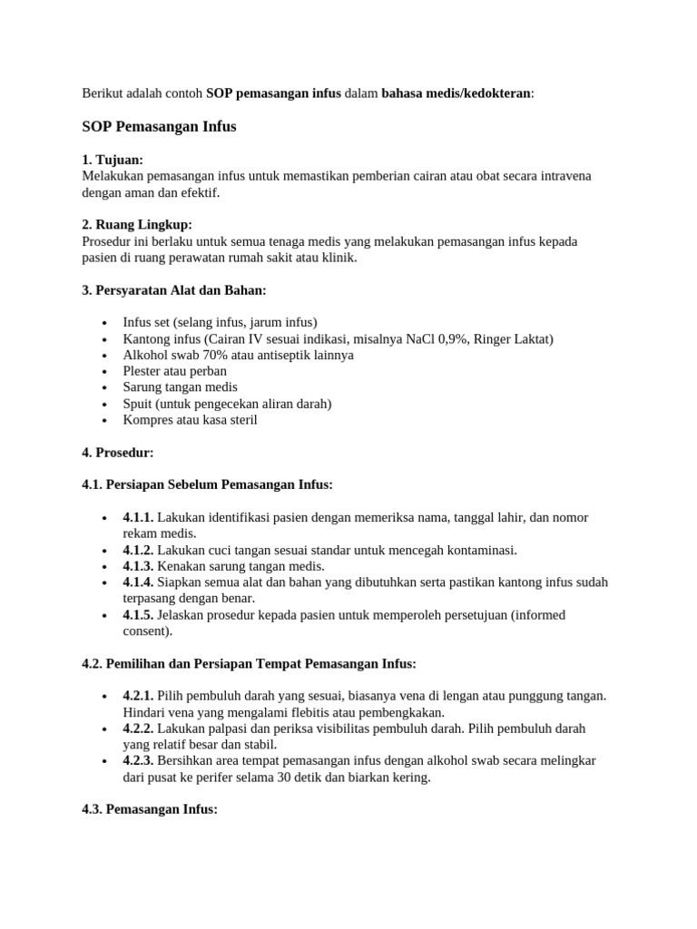 Berikut Adalah Contoh SOP Pemasangan Infus Dalam Bahasa Medis | PDF