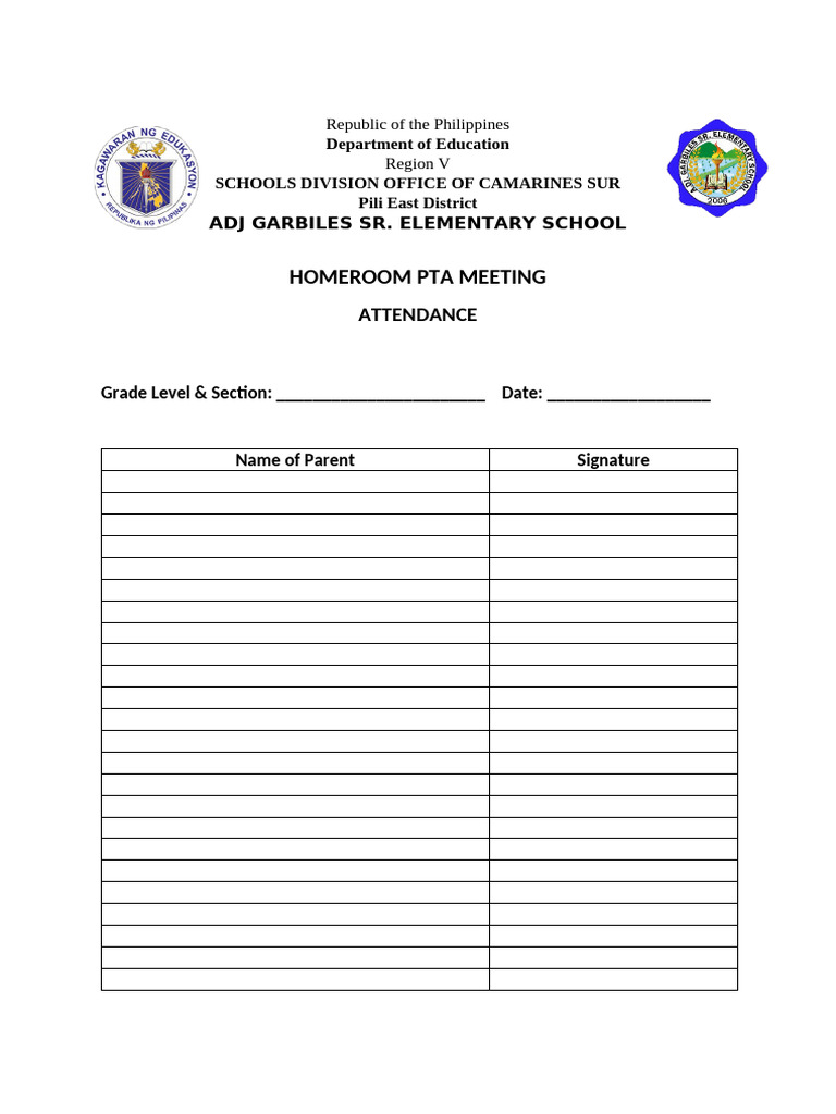 PTA Meeting Attendance Form Template | PDF