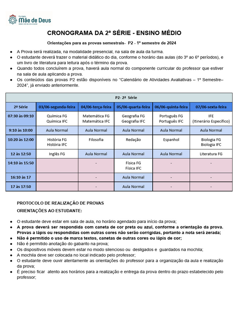 2 Série - Cronograma Da Semana de Provas P2 - 1º Semestre - 2024 | PDF