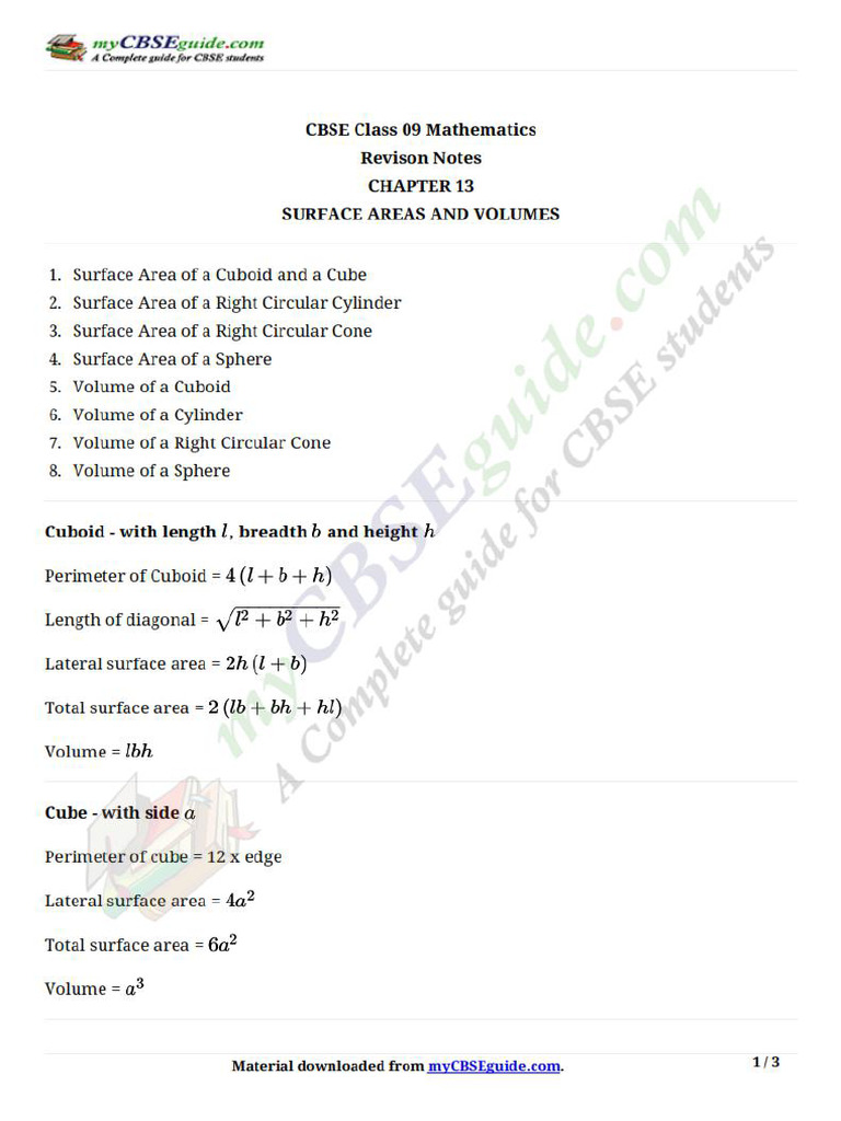 09 Maths Key Notes CH 13 Surface Areas and Volumes | PDF