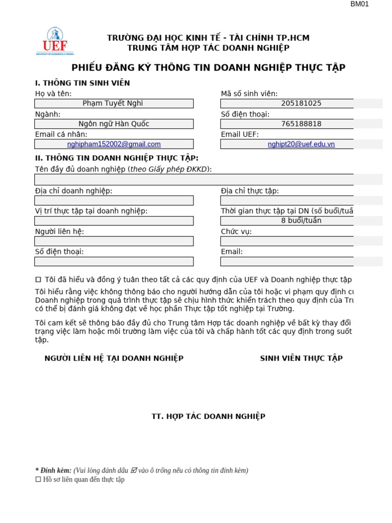 BM01. Phieu Dang Ky Thong Tin Doanh Nghiep Thuc Tap (5) Hêh Hihihih | PDF
