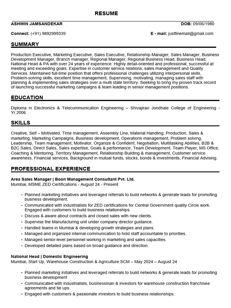 Ashwin Jamsandekar Resume 261124 | PDF | Sales | Marketing