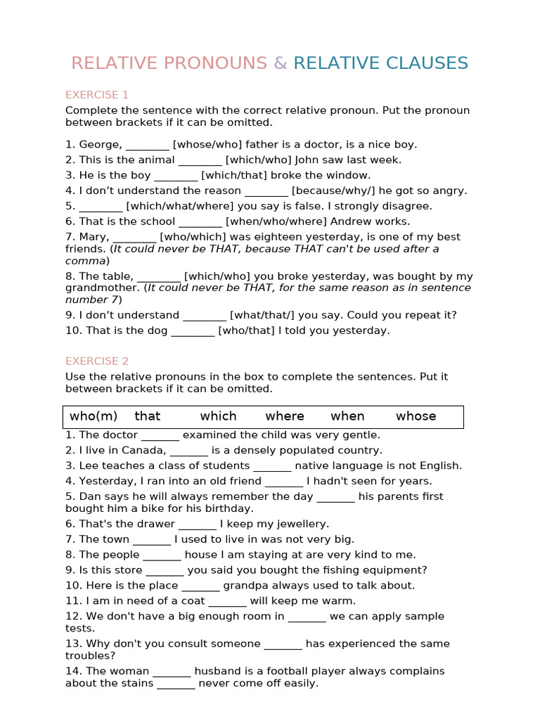 Relative Pronouns & Clauses (Exercises) | PDF | Sentence (Linguistics) | Linguistics