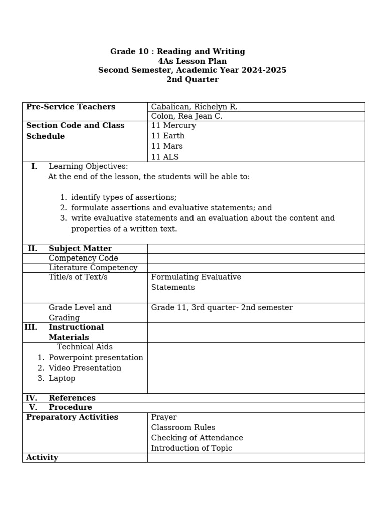 Grade 10 Reading & Writing Lesson Plan | PDF