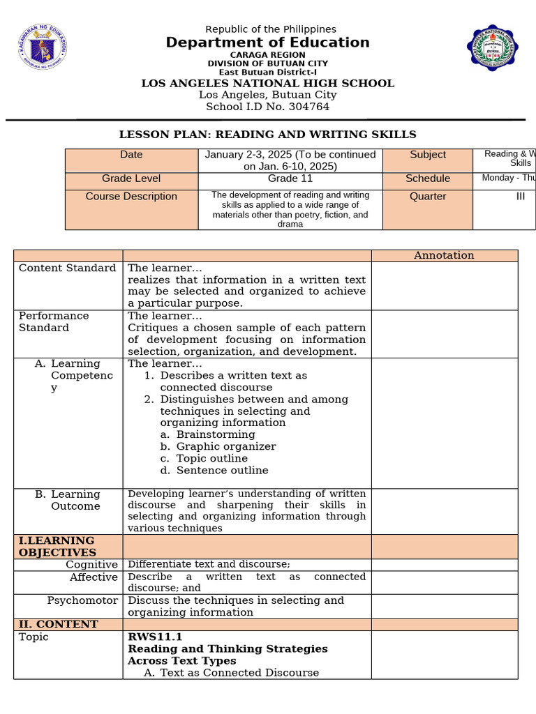 LP-Reading-Writing-Q3M1 | PDF | Brainstorming | Learning