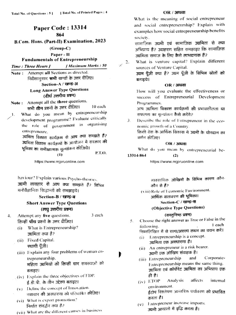 Bcom Part 2 Fundamentals of Entrepreneurship 13314 2023 | PDF