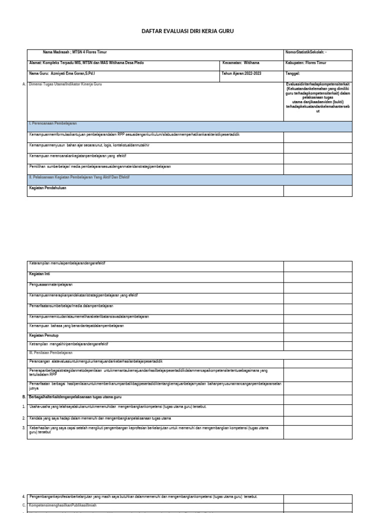 Daftar Evaluasi Diri Kerja Guru | PDF