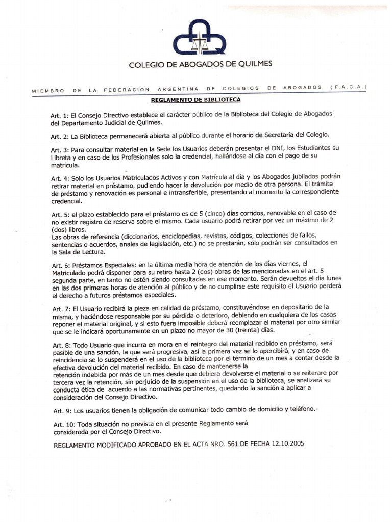 Reglamento de biblioteca CAQ | PDF