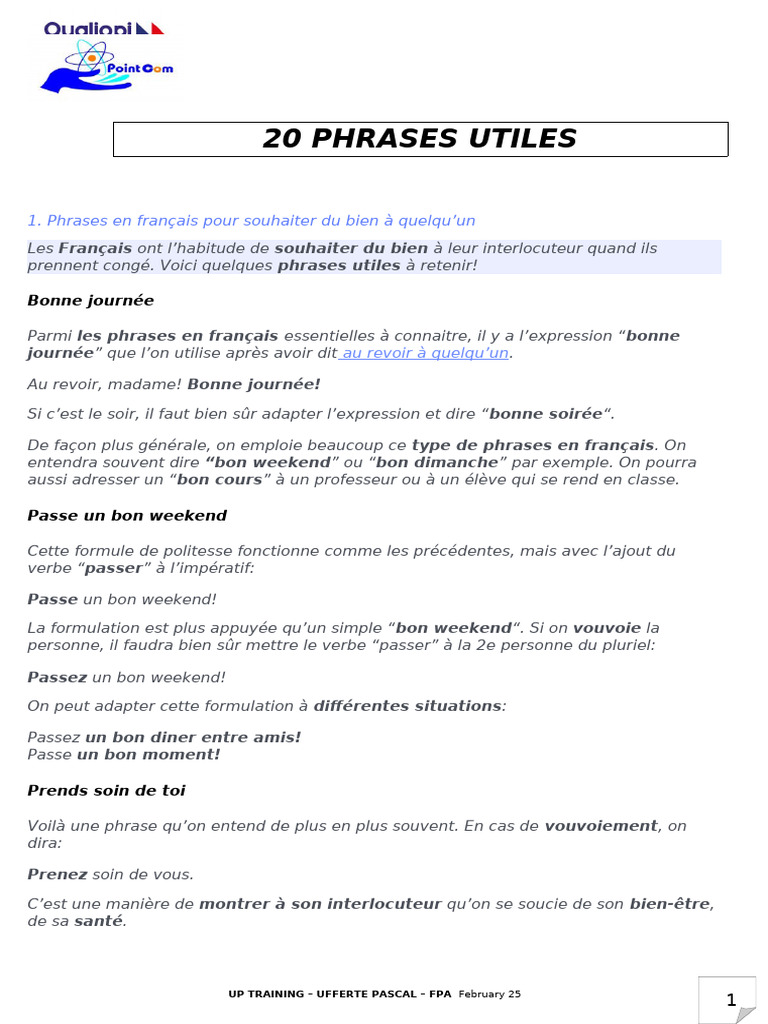 20 PHRASES UTILES | PDF | Phrase | Linguistique
