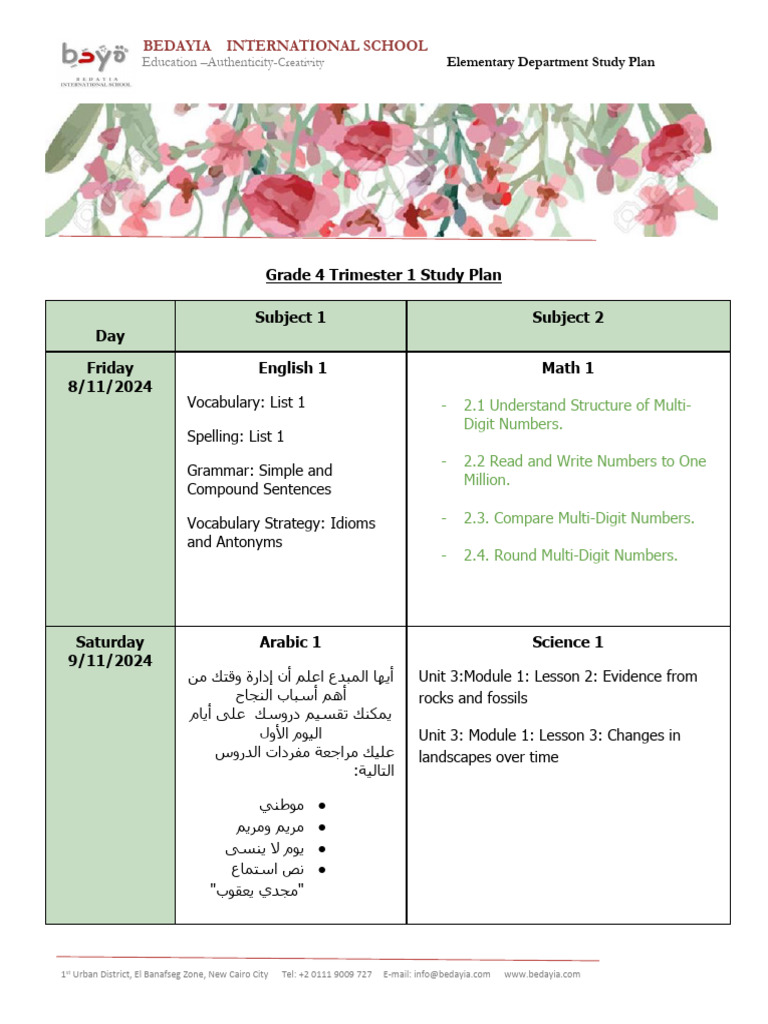 Grade 4 Trimester 1 Study Plan | PDF | Linguistics | Grammar