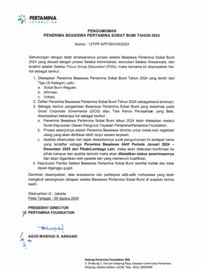 Surat Pengumuman Penerima Beasiswa Sobat Bumi 2024 | PDF