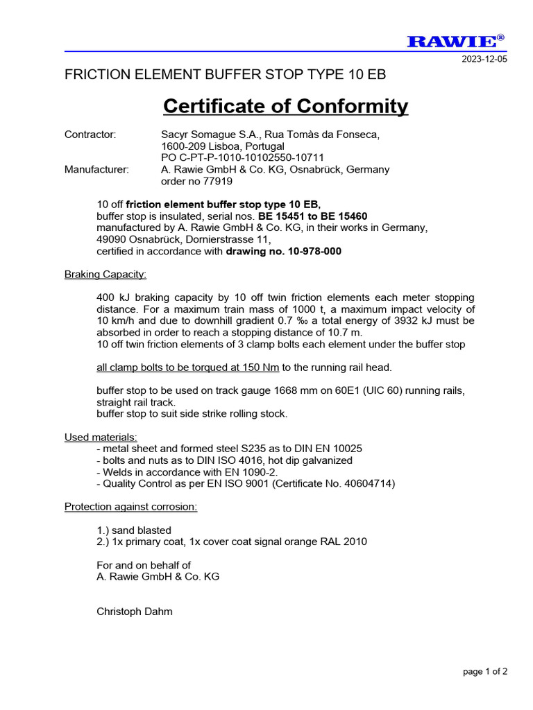 Beira Alta Line 10EB 6EB 77919 Cert | PDF | Mechanical Engineering