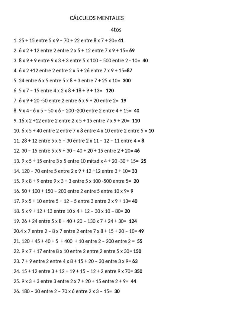 Cálculos Mentales 4° | PDF