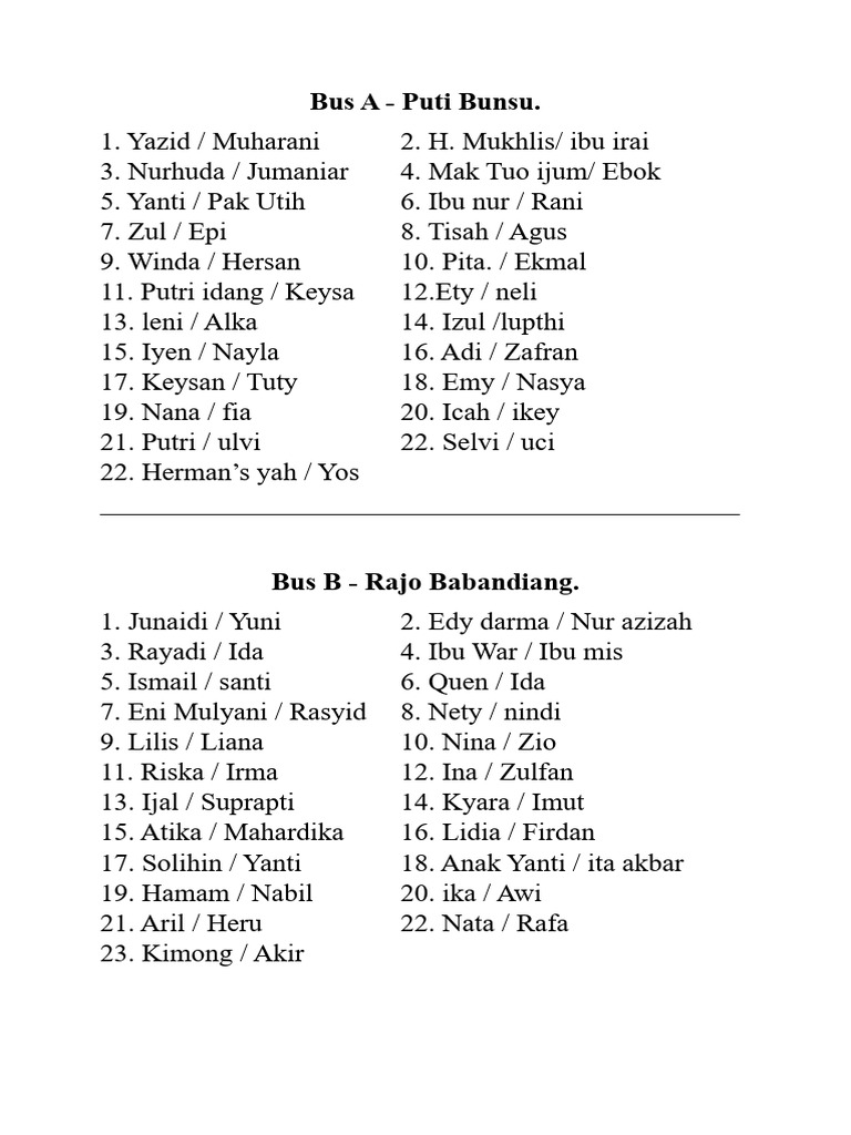 Daftar Nama Bus A & Bus B - 250116 - 072648 | PDF
