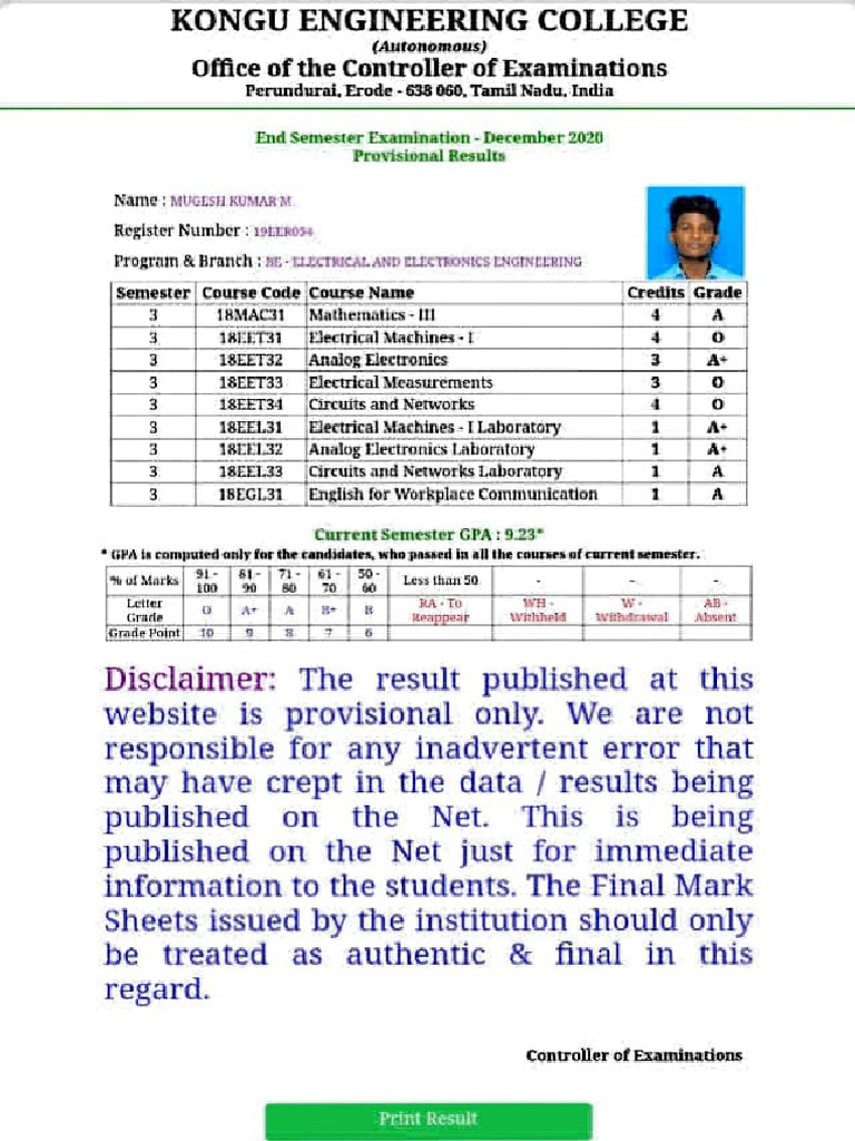 3rd Sem Marksheet | PDF