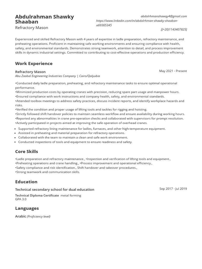 Abdulrahman Shawky Shaaban - Refractory Mason Resume | PDF | Safety ...