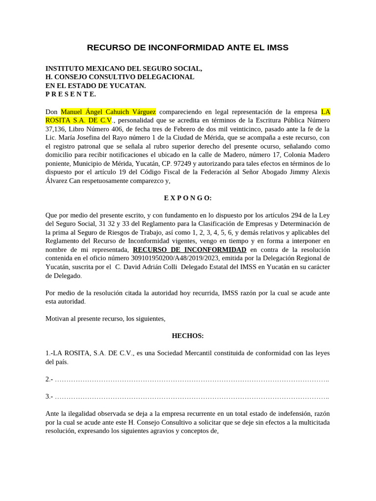 RECURSO DE INCONFORMIDAD ANTE EL IMSS REYENADO | PDF | Gobierno | Justicia