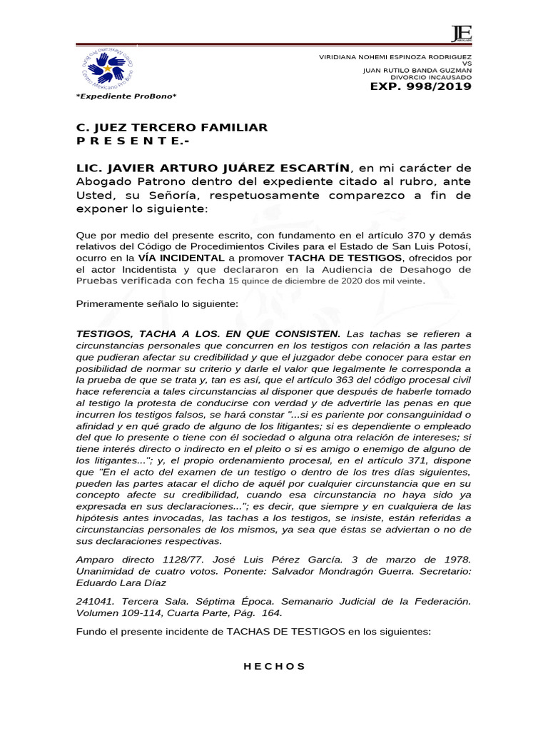 Tacha de Testigos en Divorcio Incausado | PDF | Testigo | Testimonio
