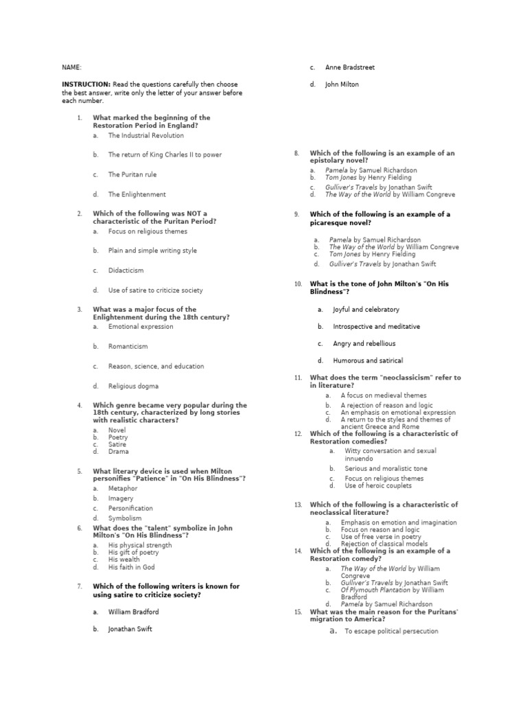 quiz | PDF | Gulliver's Travels | John Milton