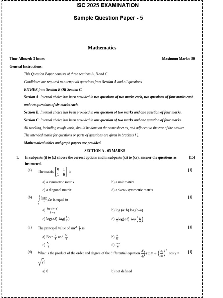 ISC-2025 Sample Question Paper - 5 | PDF | Mathematical Analysis ...