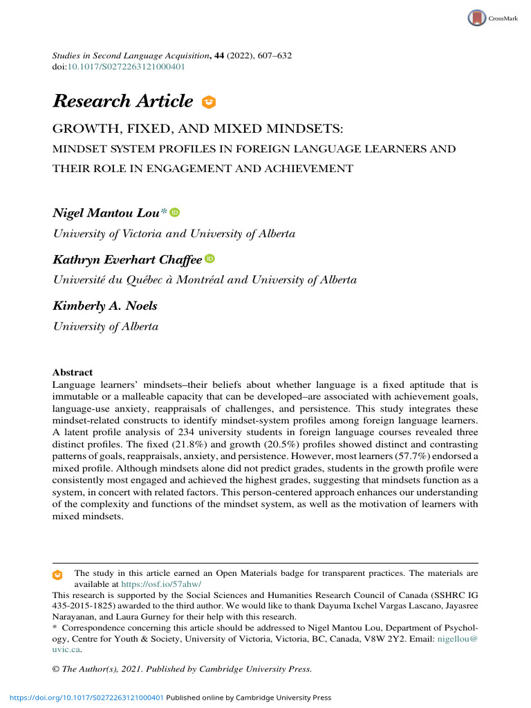 Growth Fixed and Mixed Mindsets Mindset System Profiles in Foreign ...
