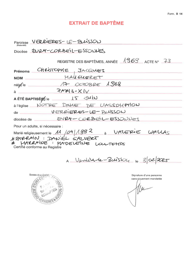 Certificat Baptême Christophe Maugeret | PDF