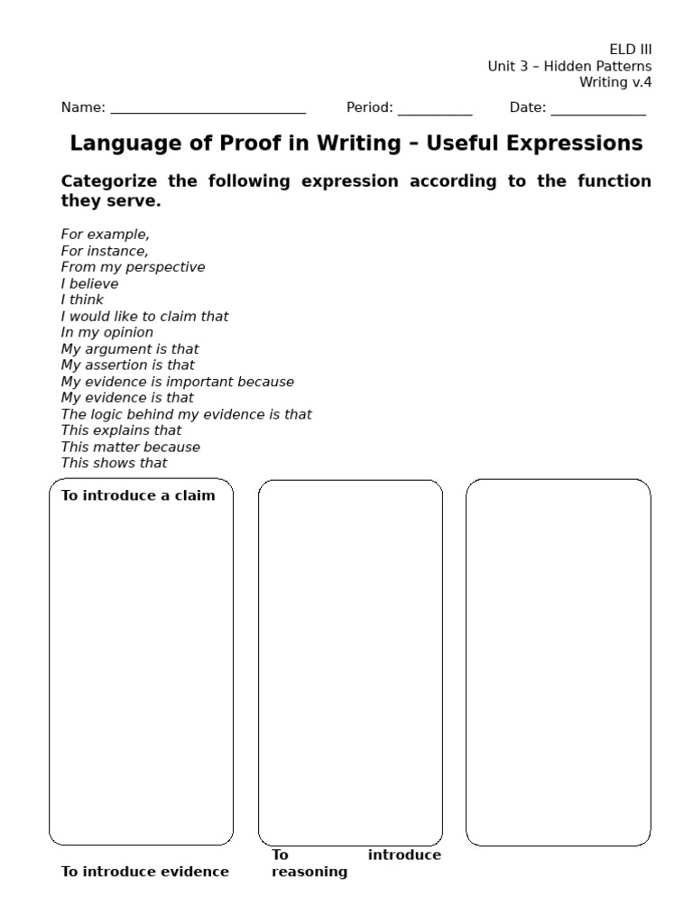 ELD III - Unit 3 - Writing - Language of Proof - Expressions | PDF