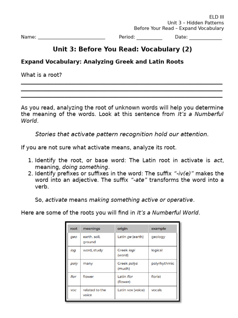 ELD III - Unit 3 - Before You Read - Expand Vocabulary | PDF | Word ...