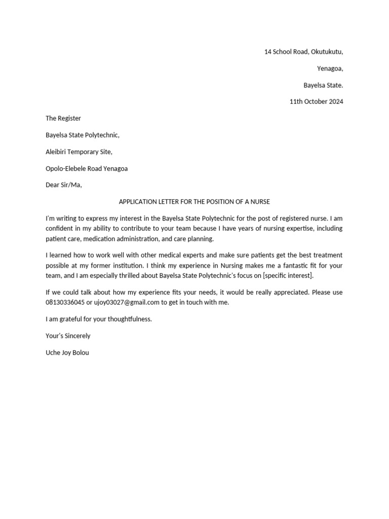 Nurse Application for Bayelsa Polytechnic | PDF