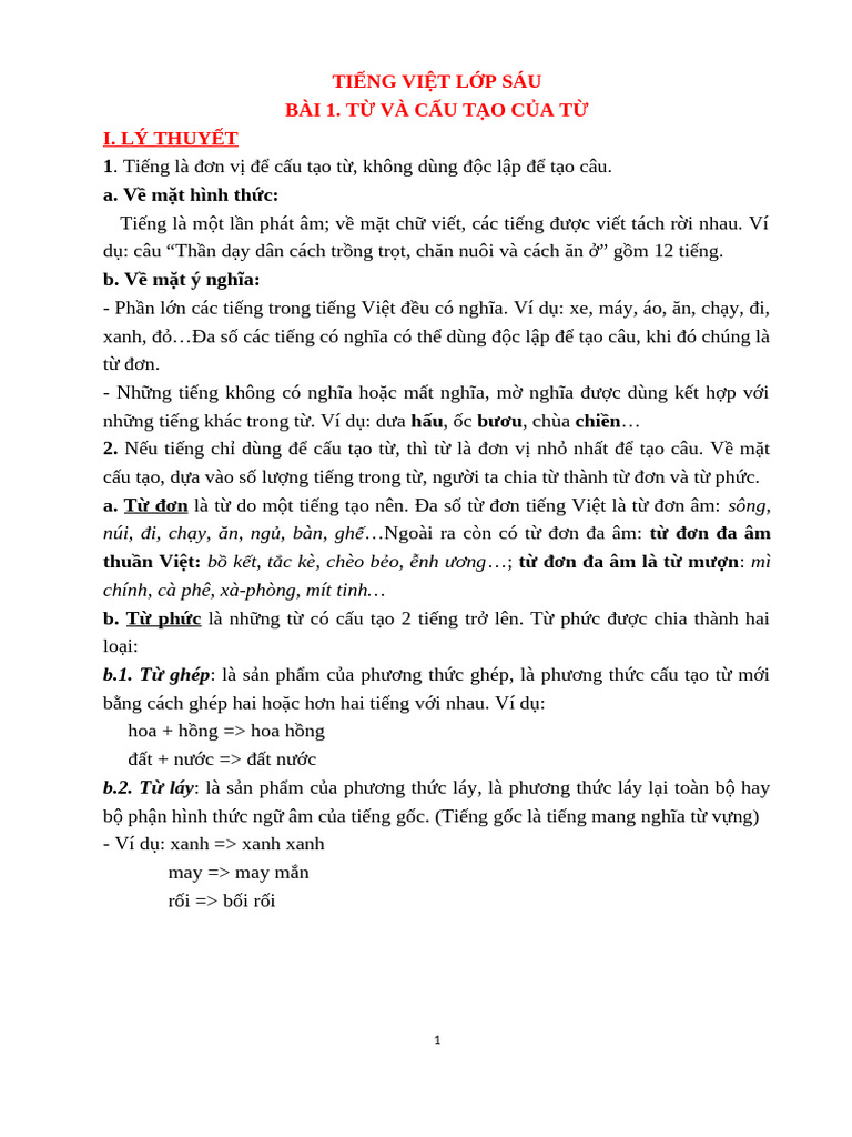 HỆ THỐNG TIẾNG VIỆT LỚP 6-9 THCS | PDF