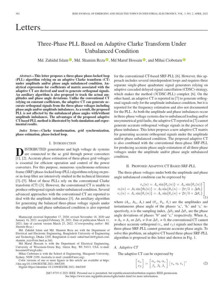 Three Phase Pll Based On Adaptive Clarke Transform Under Unbalanced Condition Pdf Phase