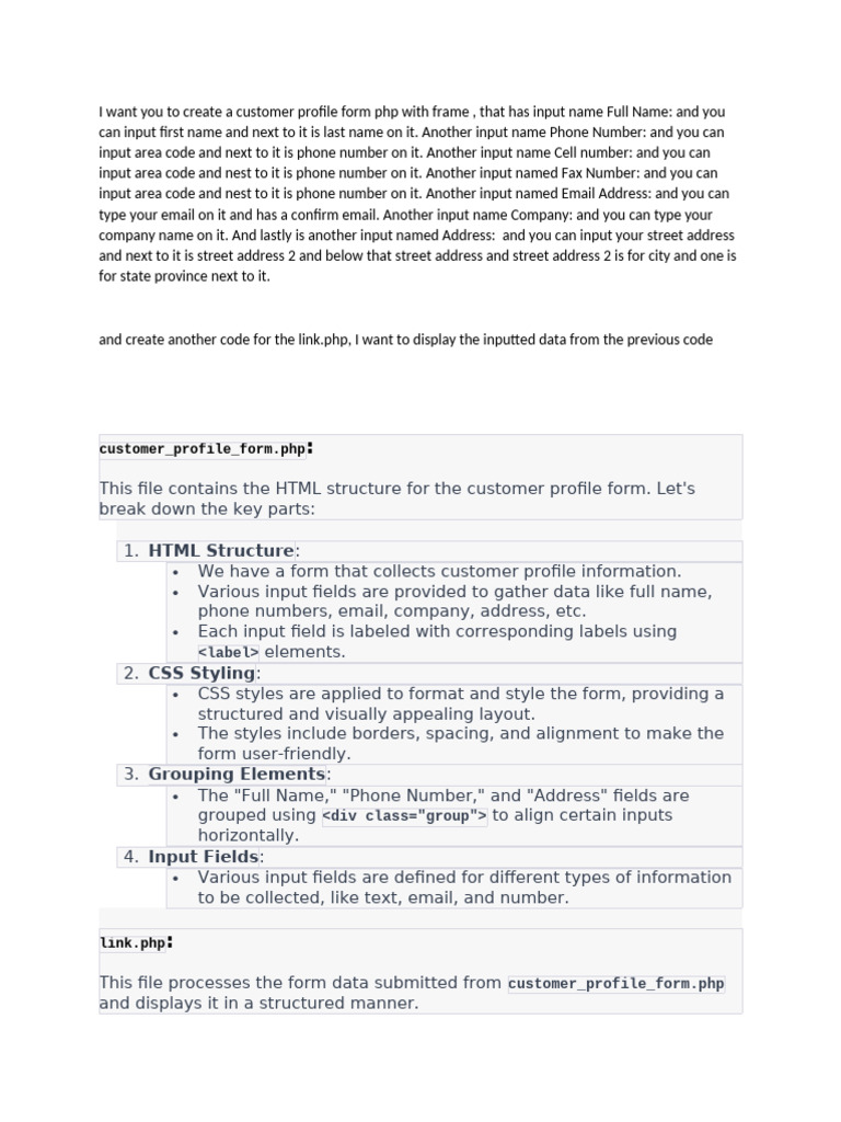 I Want You To Create A Customer Profile Form PHP That Has Input Name Full Name | PDF | Html | Php