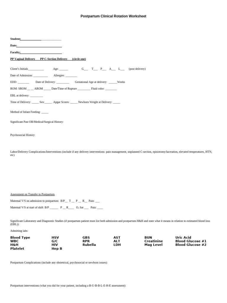 Postpartum Clinical Worksheet | PDF | Childbirth | Postpartum Period