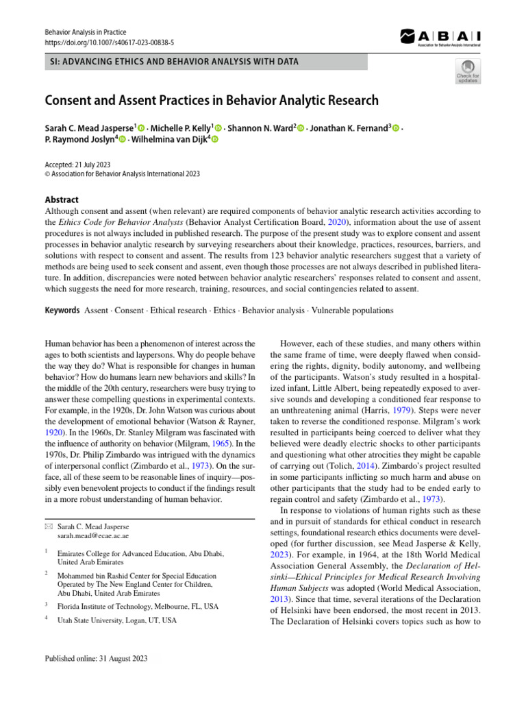 Consent and Assent in Behavior Analysis | PDF | Informed Consent | Institutional Review Board