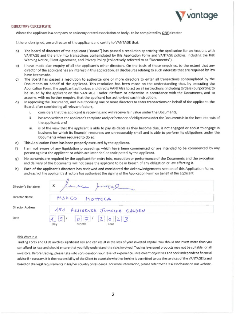 Vantage Account Signed | PDF