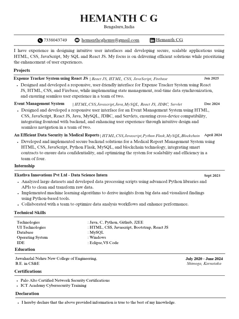 Hemanth CG Software Engineer Resume 20250210 193120 0000 | PDF | My Sql | Java Script