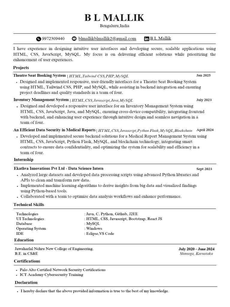 BL MALLIK Software Engineer Resume | PDF | My Sql | Java Script