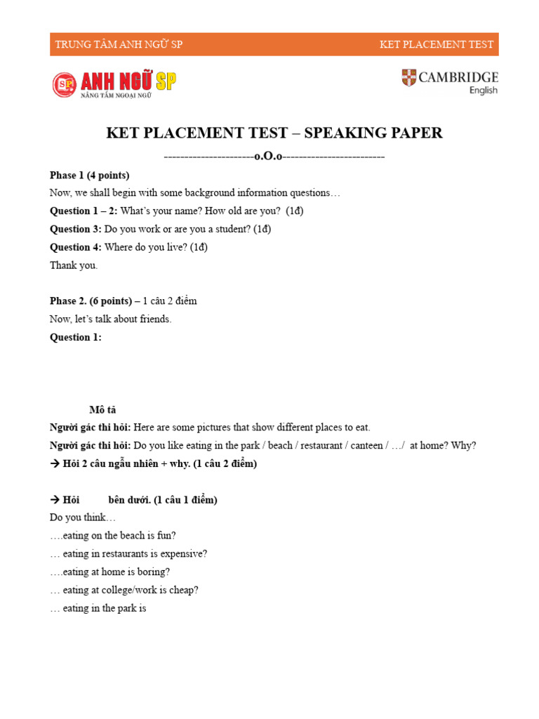 KET Speaking Test Guide | PDF