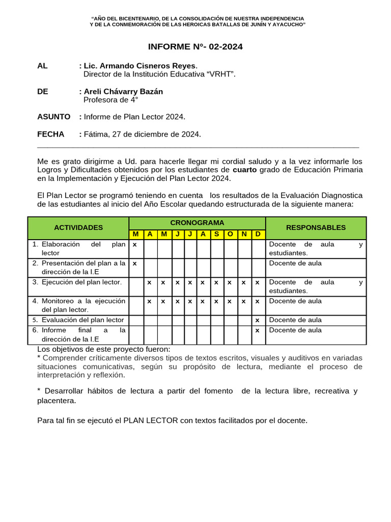 Informe Plan Lector 2024 | PDF | Maestros | Salón de clases