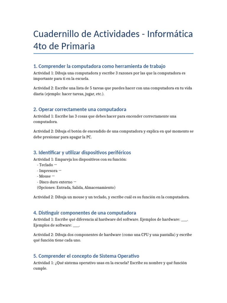 Cuadernillo Actividades Informática 4to Primaria | PDF | Hardware de la computadora | Microsoft ...