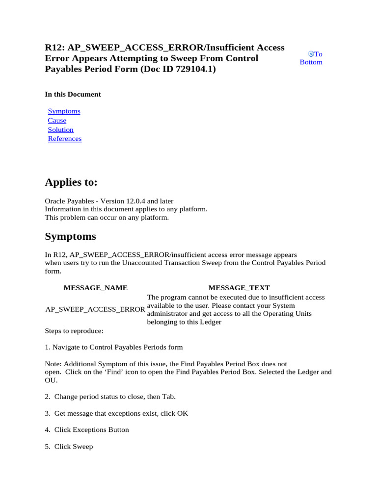 R12 AP - SWEEP - ACCESS - ERROR-Insufficient Access Error Appears Attempting To Sweep From ...