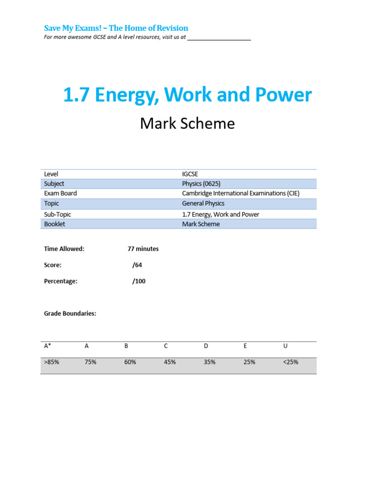 1.7 Energy Work and Pressure Ms Igcse - Cie - Physics | PDF