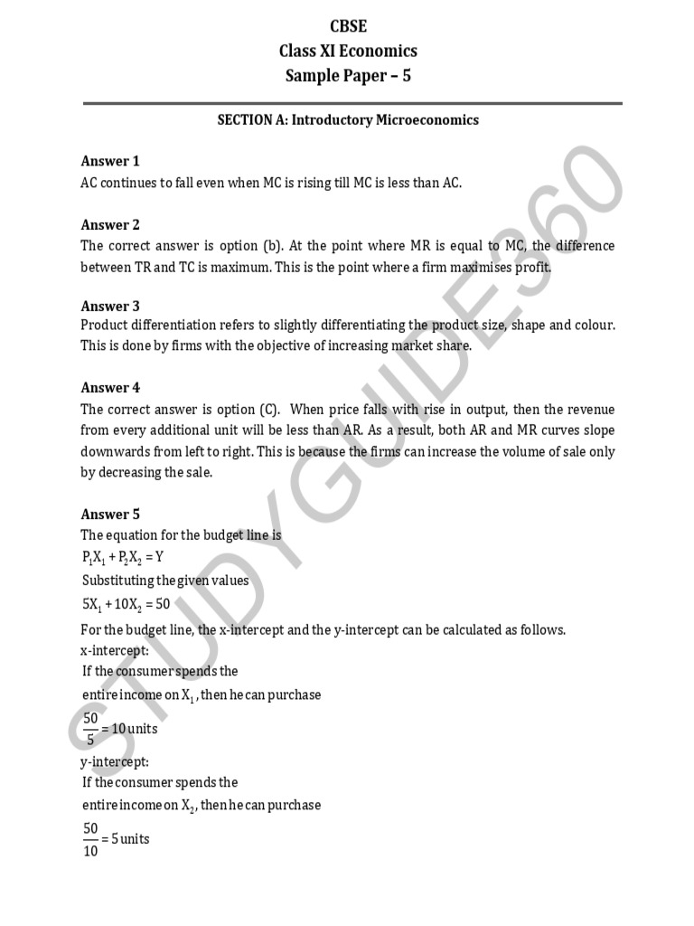 Class 11 Economics Sample Paper 5 Solutions | PDF | Demand | Economic ...