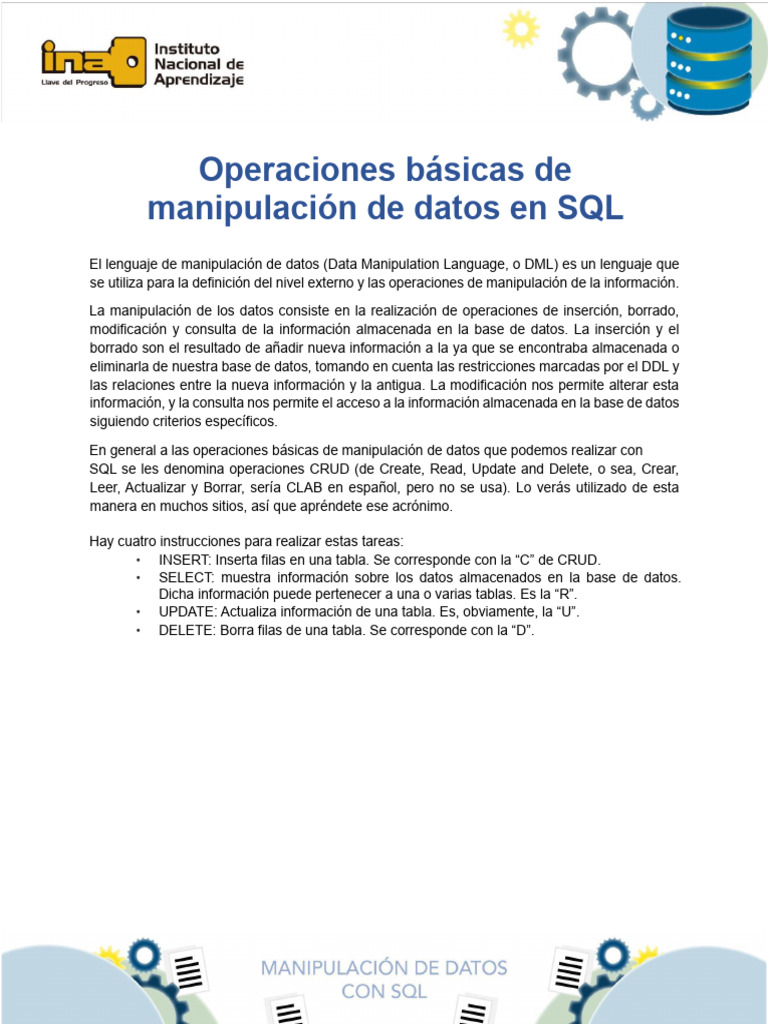 MD_Recurso11_Operaciones básicas de manipulacion de datos | PDF | SQL | Paradigmas de programación