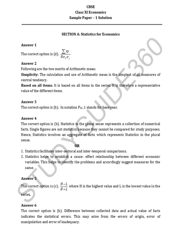Class 11 Economics Sample Paper 1 Solutions | PDF | Cost Of Living ...