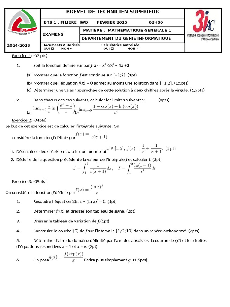 Mathématiques BTS IWD - Février 2025 | PDF