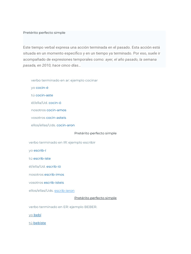 Pretérito Perfecto Simple . | PDF