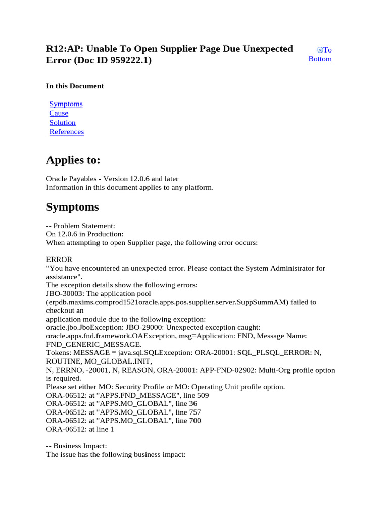 R12 - AP Unable To Open Supplier Page Due Unexpected Error (Doc ID 959222.1) | PDF | Information ...