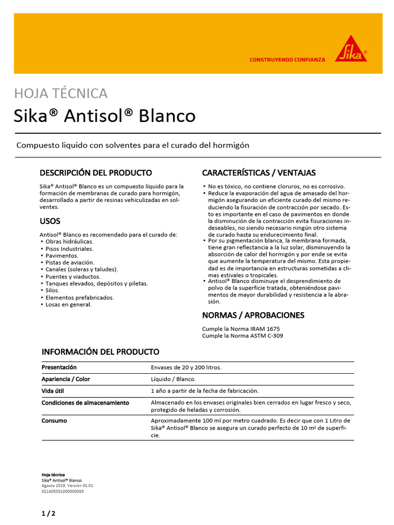 FICHA TECNICA Sika Antisol Blanco | PDF | Hormigón | Agua