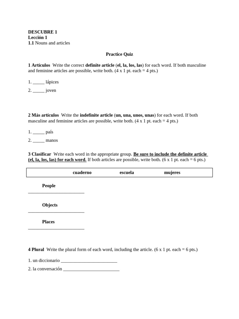 Spanish Nouns and Articles Quiz | PDF